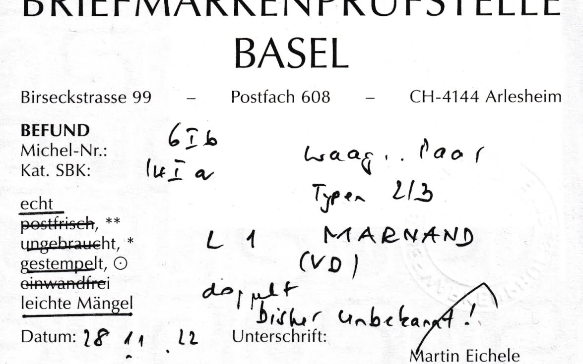 Schweiz POSTE LOCALE 1850 Nr. 14 I im Paar Typen 2/3 gestempelt MARNAND ...