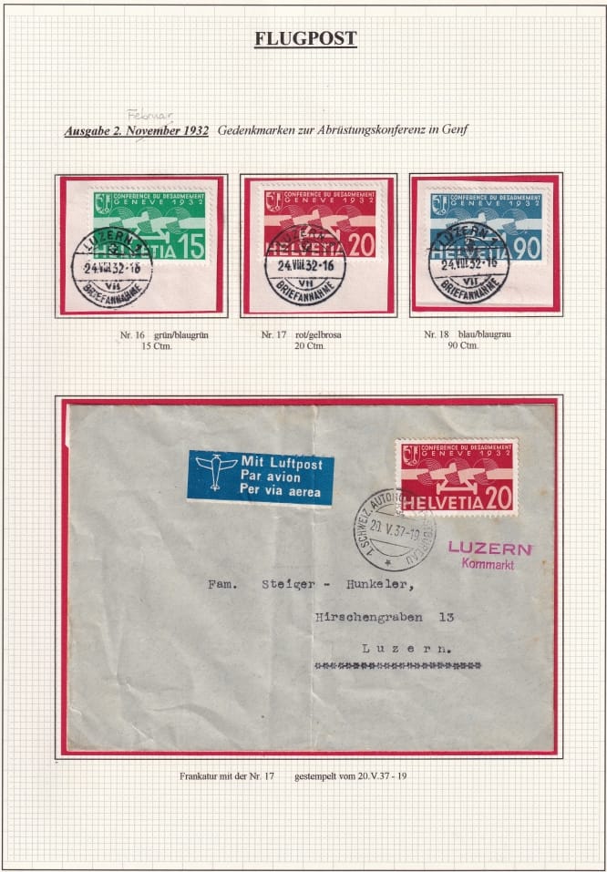 Schweiz Flugpost 1932 auf schön präsentierender A4 Albumseite, Serie ...