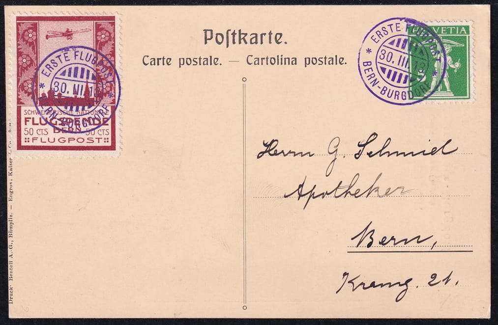 Schweiz Flugpost Vorläufer 1913 Nr. III auf Postkarte "OSKAR BIDER ...