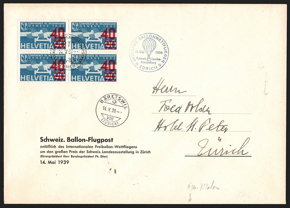Schweiz, Flugpost, Sonderflüge, Ballonpost, 1939, Internationale ...