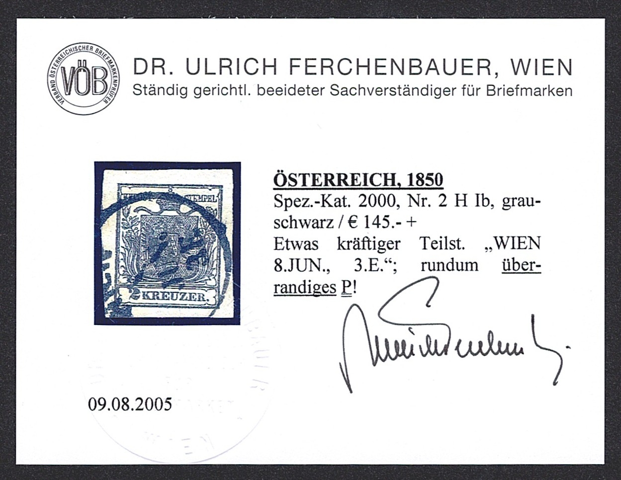Österreich, Kaisertum, 2Kr. grauschwarz, Nr.2 H Ib,Stempel WIEN, Befund ...
