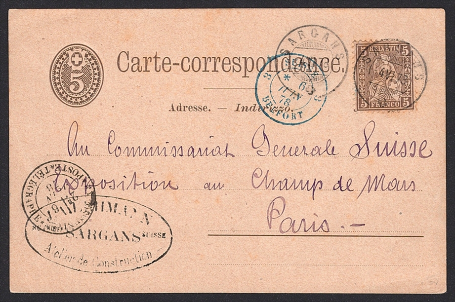 Schweiz, Sitzende Helvetia, Nr.30 auf 5Rp.Postkarte nach Paris, SARGANS ...