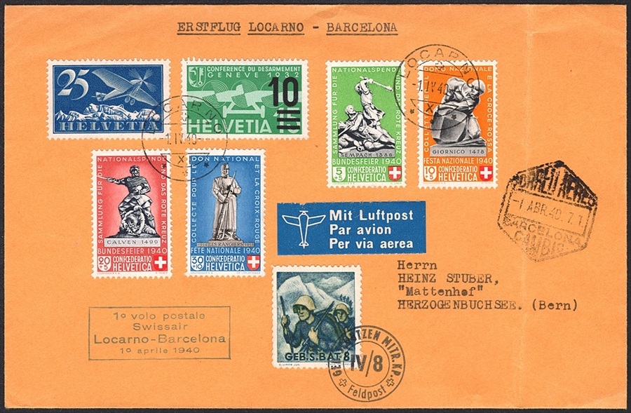 Schweiz, Erstflüge, Locarno-Barcelona, gelber Umschlag mit ...