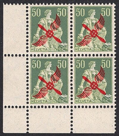 Schweiz,Flugpost, Nr.2, 50Rp., roter Propeller-Aufdruck, im Viererblock ...